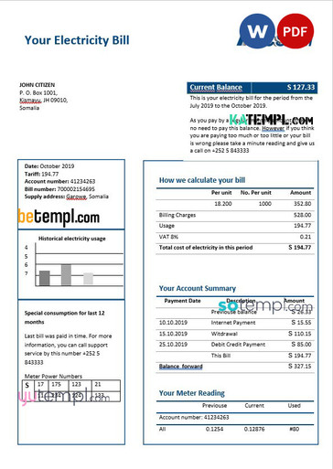 Somalia NESCOM Company electricity utility bill template in Word and ...