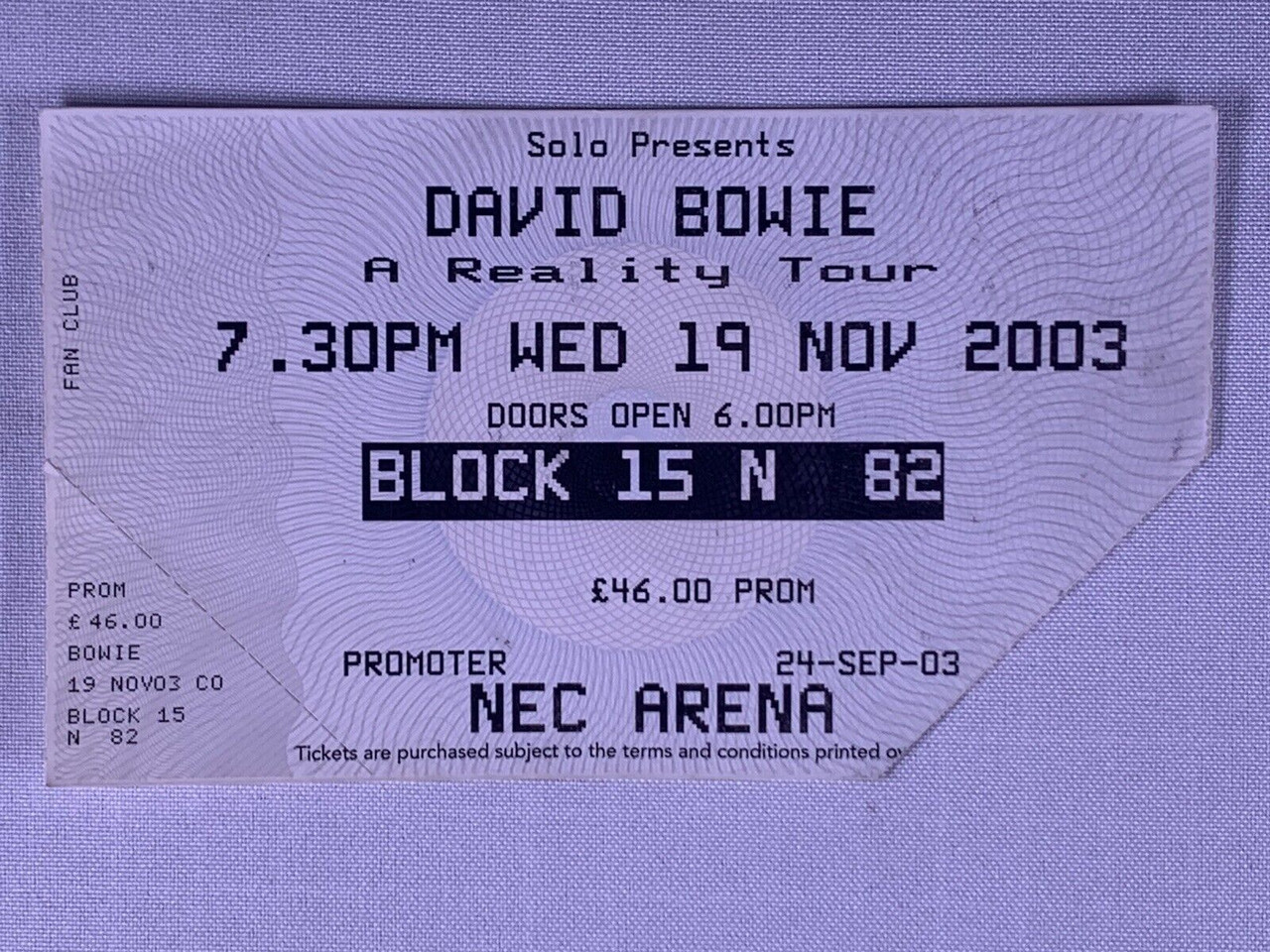David Bowie Ticket Original Reality Tour NEC Arena 2003 ...