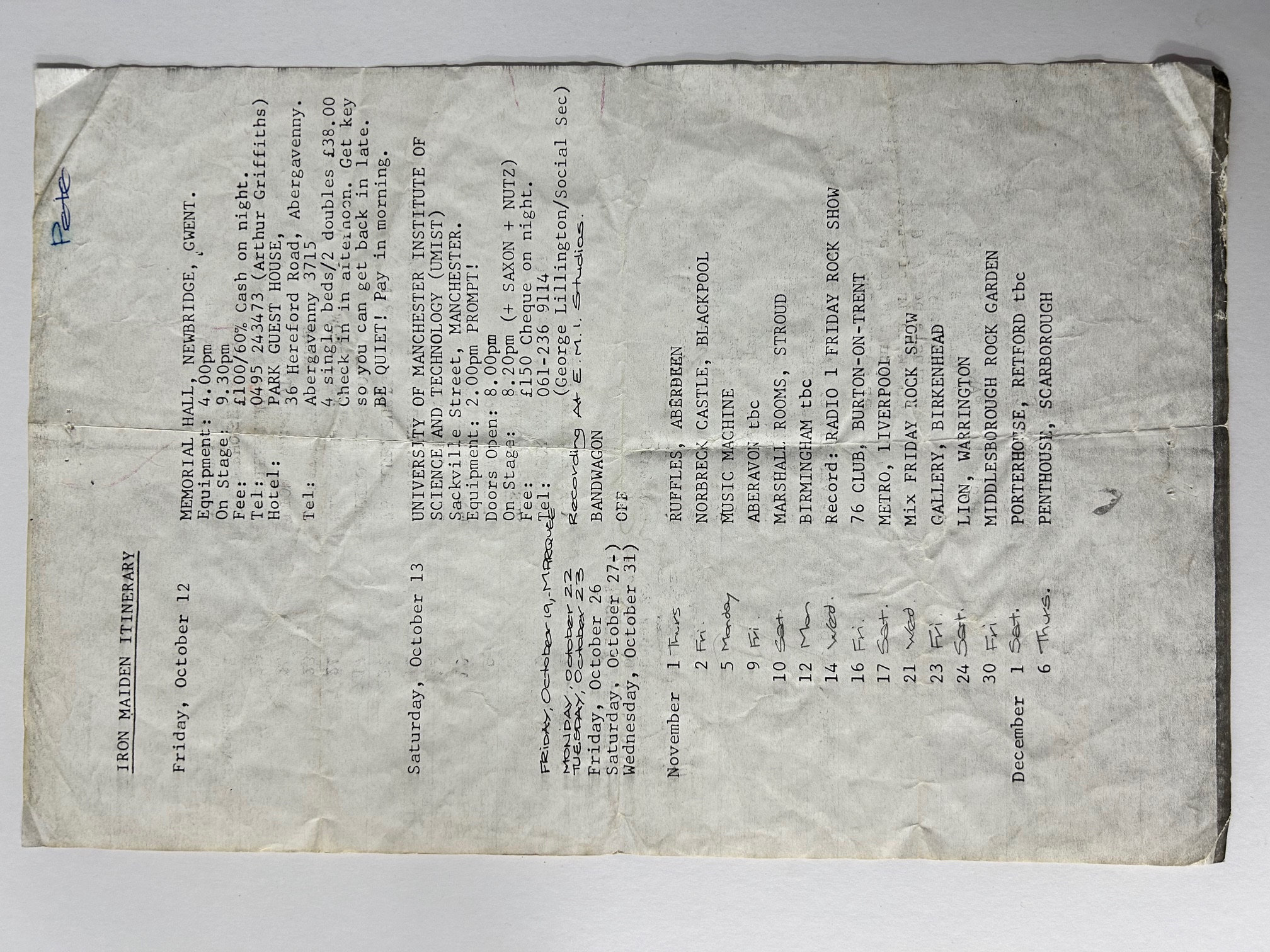 Band and Crew Tour Itineraries - RockMemorabilia.com