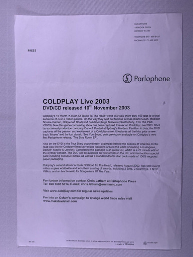 Coldplay Press Release Original Parlophone Coldplay Live 2003 ...