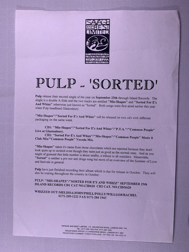 Pulp Jarvis Cocker Press Release Original Savage And Best Ltd Sorted ...