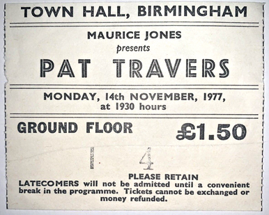 Pat Travers Ticket Vintage Putting It Straight Tour Birmingham 1977 ...