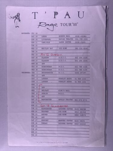 T'Pau Carol Decker Itinerary Original Rage UK Tour 1988 - RockMemorabilia.com