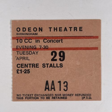 10CC Ticket Original Vintage Soundtrack Tour Odean Theatre Birmingham ...