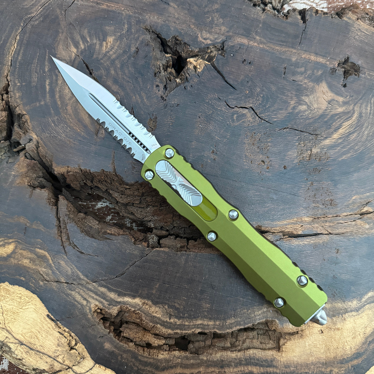 Microtech Dirac D/E OD Green Satin Serrated 225-5OD | American Edge Knives