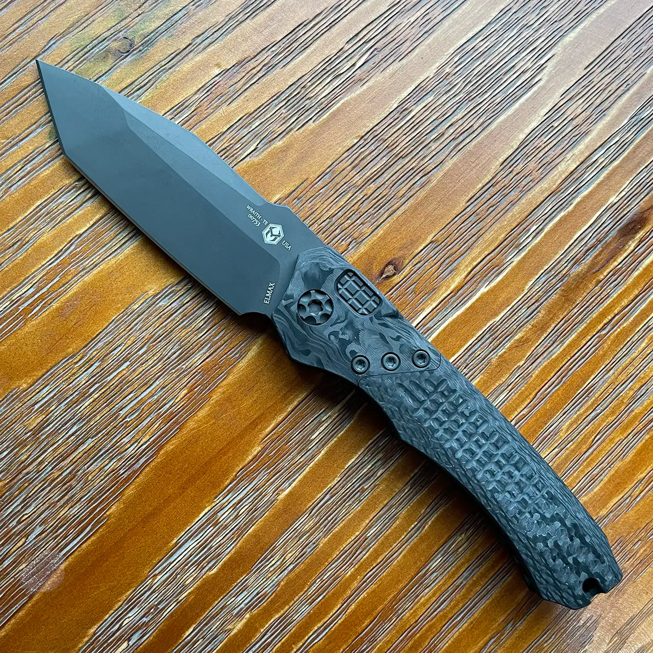 Heretic Knives Wraith Auto Tanto Carbon Fiber Handle Marbled Carbon