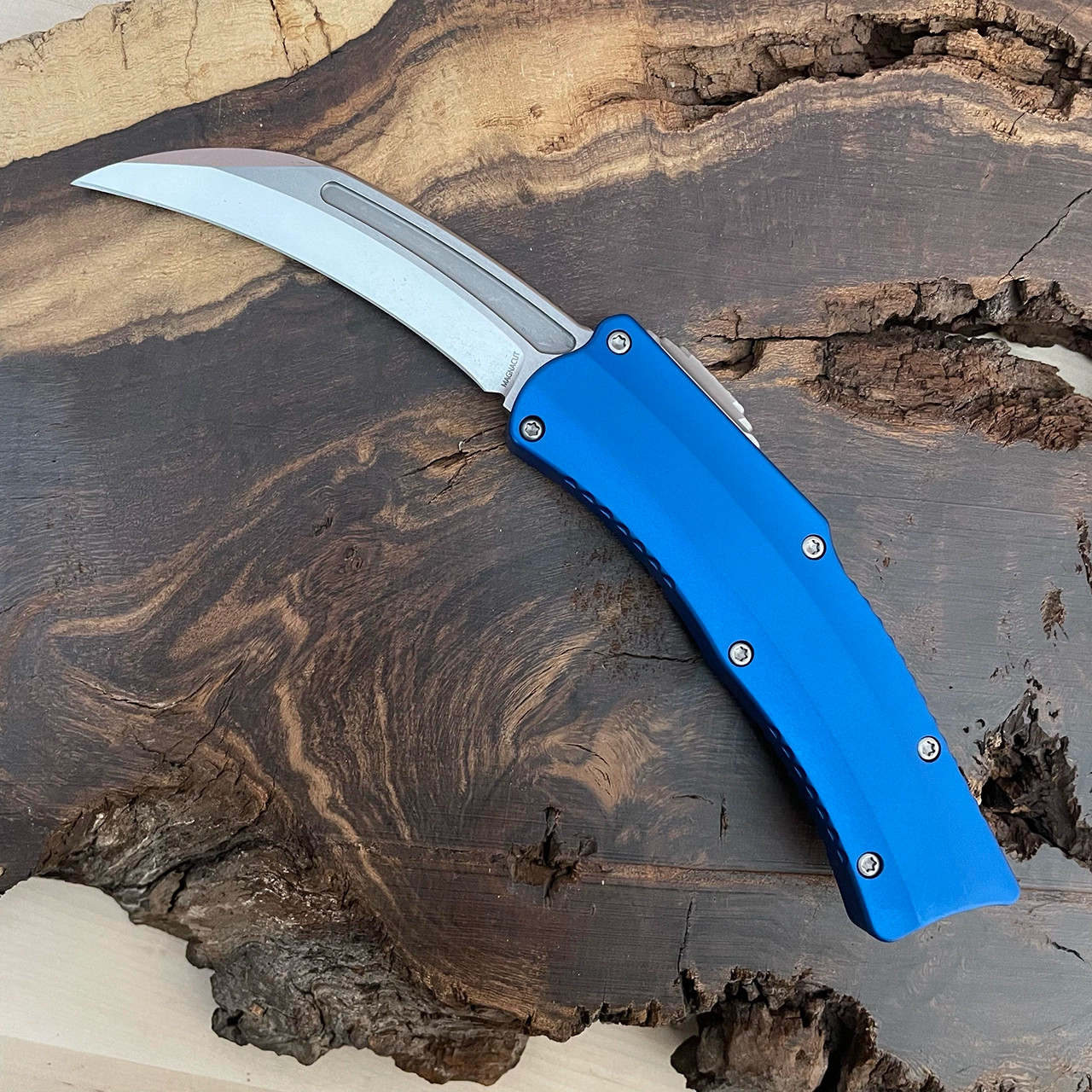 Heretic Knives ROC Curved OTF Blue Handle Stonewash Standard H060-2A ...