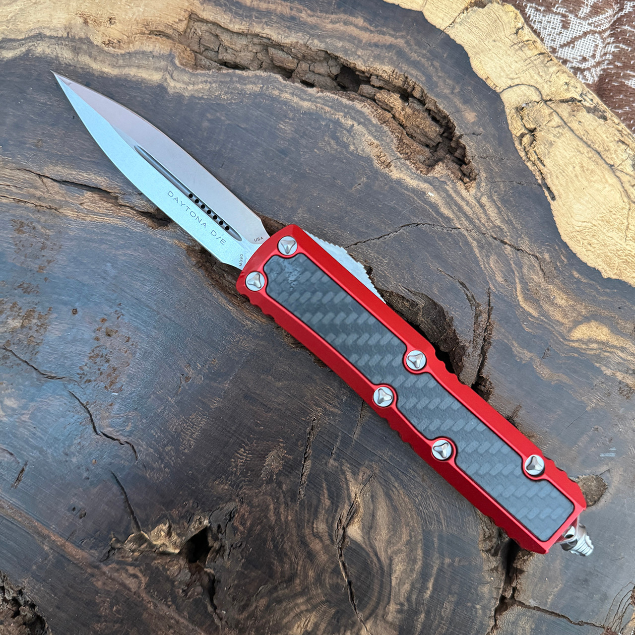 Microtech Daytona D/E Carbon Fiber Inlay Red Handle Stonewash Standard ...