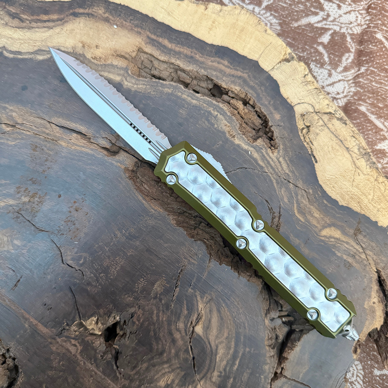 Microtech Makora D/E OD Green w/ Bubble Inlay Stonewash Full Serrated ...