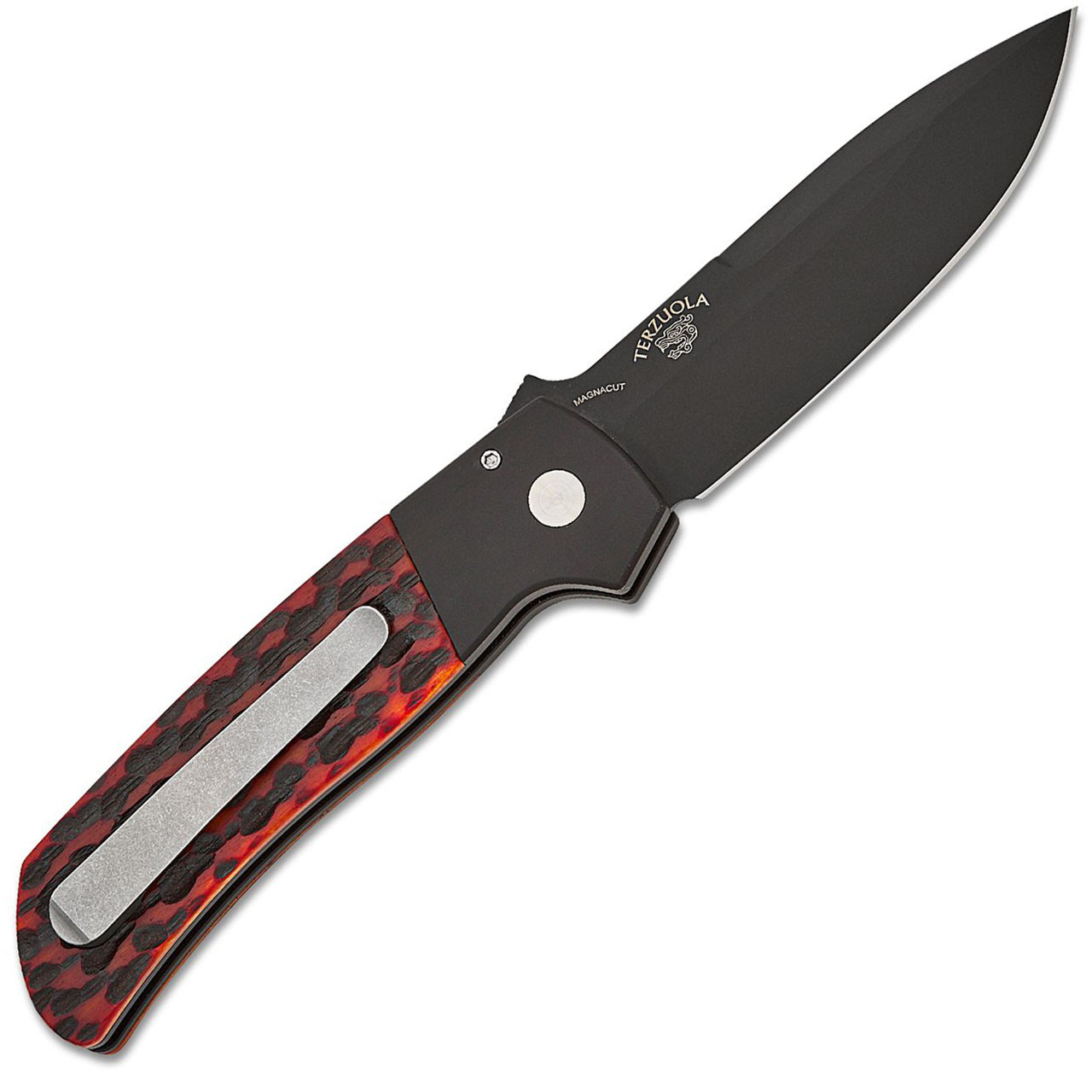 Pro Tech Terzuola Atcf Auto Black Handle W Amber Jigged Bone Inlays