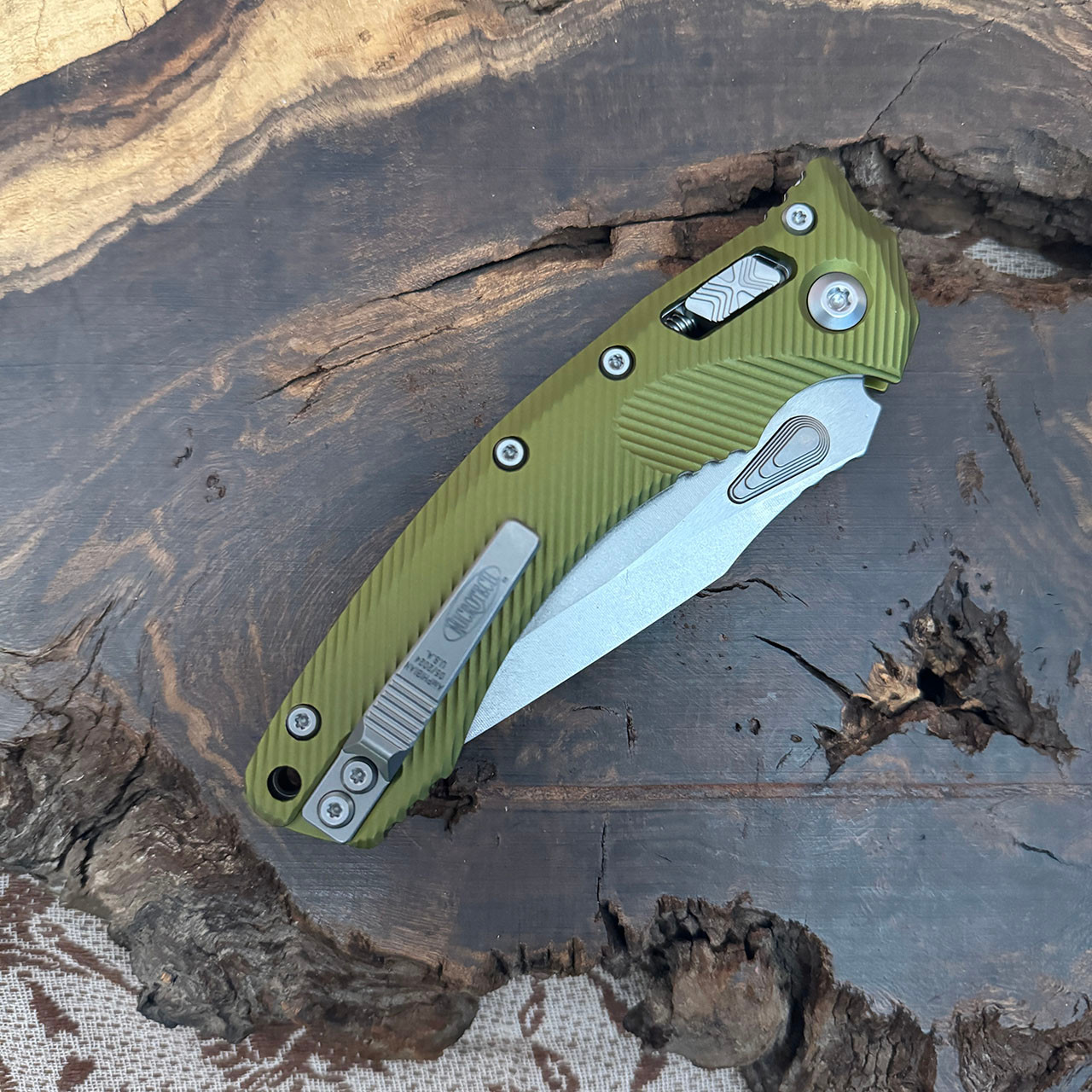 Microtech Amphibian Ram Lok Se Od Green Fluted Aluminum Stonewash