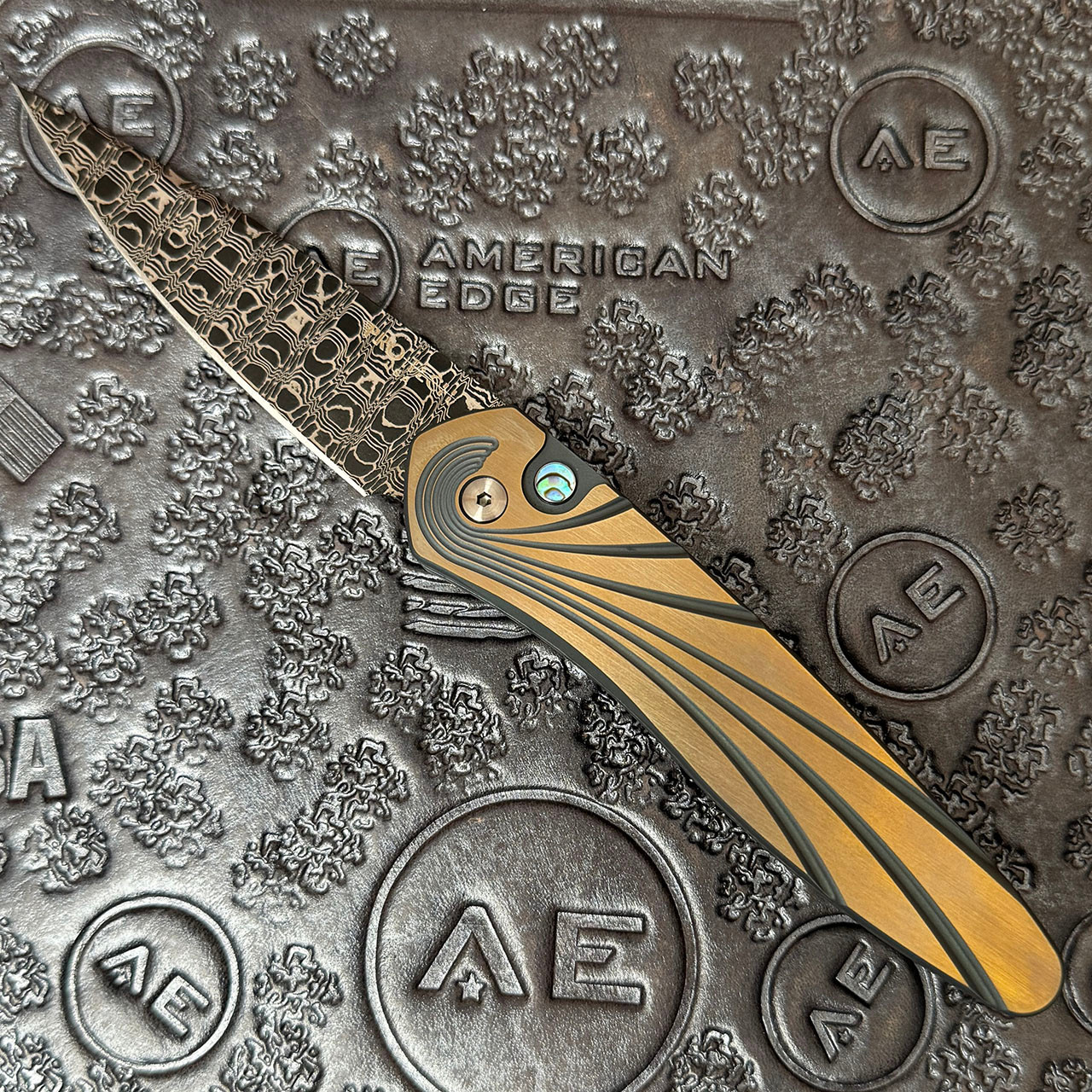 Pro-Tech Newport Custom Wave Pattern 2-tone Green/Bronze Titanium Handle Damascus Blade ...