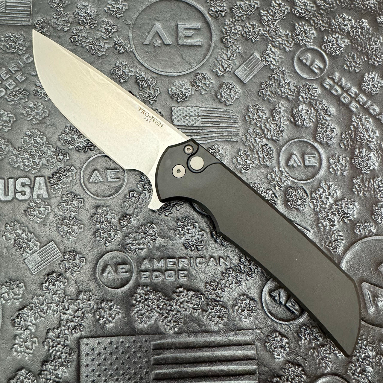 Pro-Tech Mordax Button Lock Flipper Solid Black Handle Stonewash ...