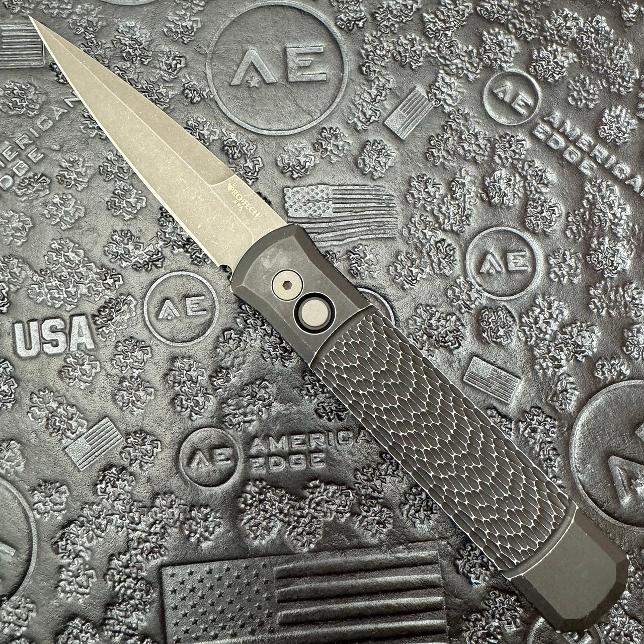 Pro Tech Godfather Auto Jigged Battleworn Black Handle Acidwashed Blade
