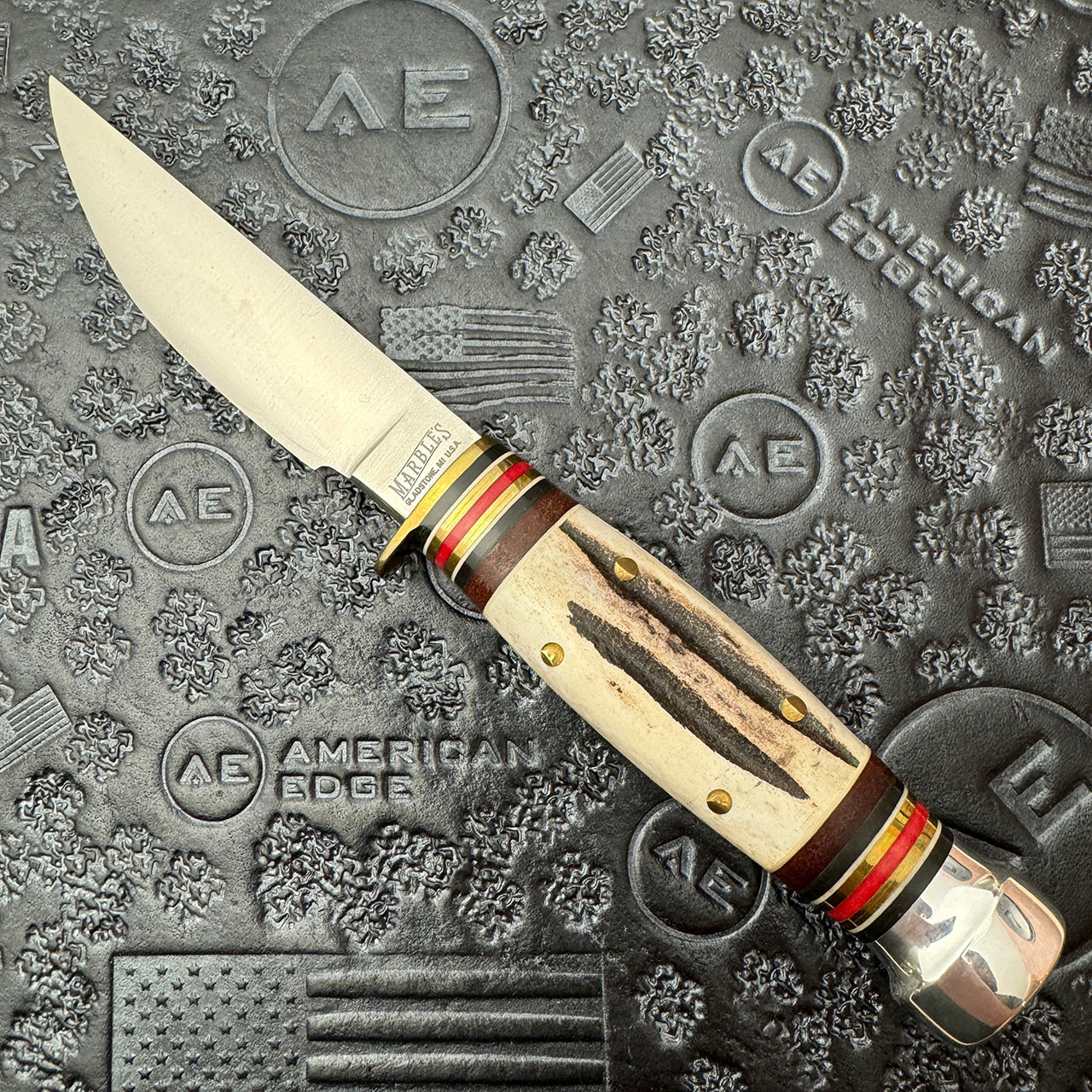 Marbles Mini Plainsman Fixed Blade Leather Stag Leather Handle Aluminum ...