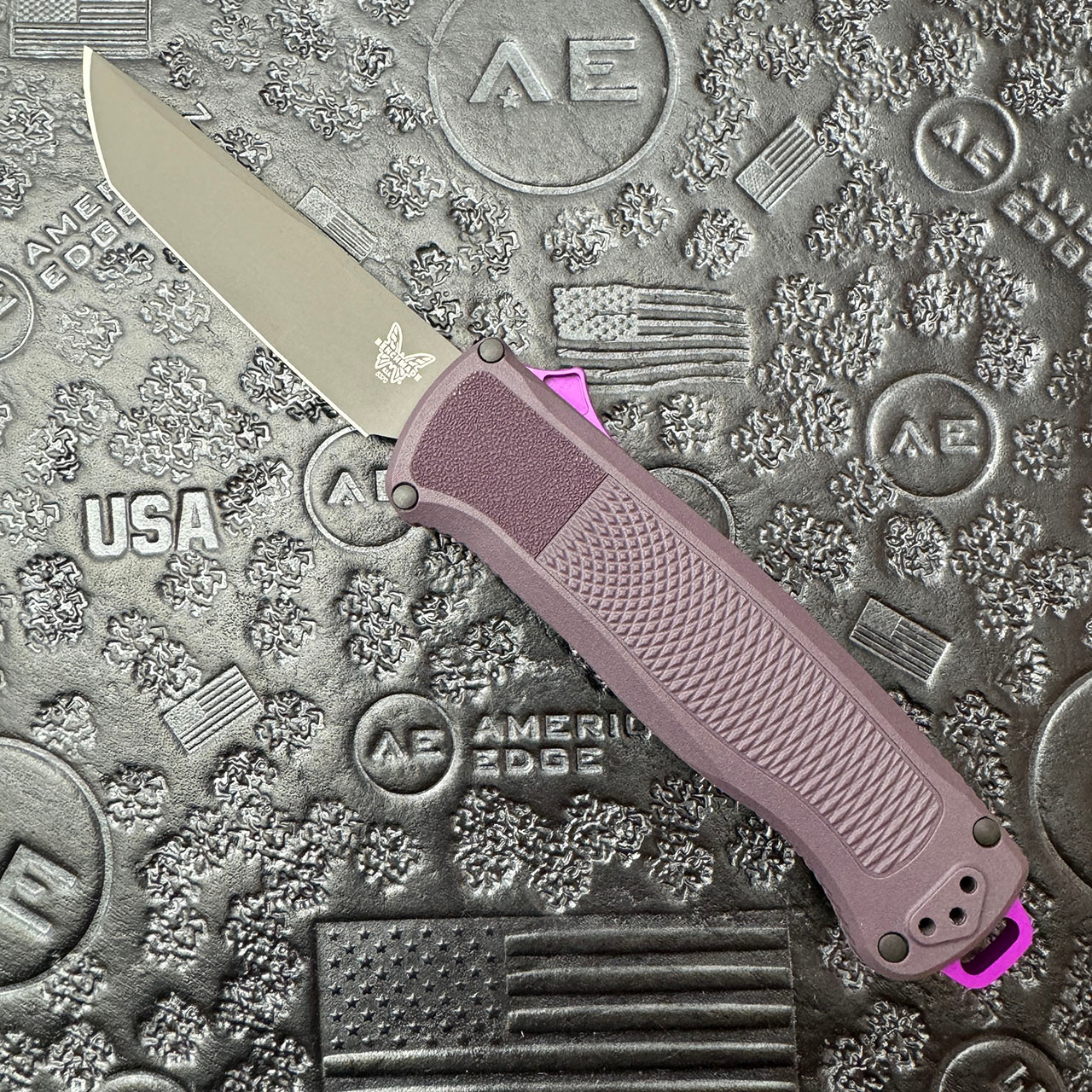 Benchmade Shootout OTF Auto Tanto Dark Purple Grivory Handle Gray PVD ...