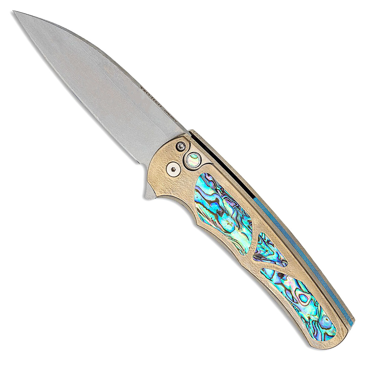 Pro-Tech Malibu Custom Button Lock Flipper Wharncliffe Bronze Titanium Handle w/ Abalone Inlays ...