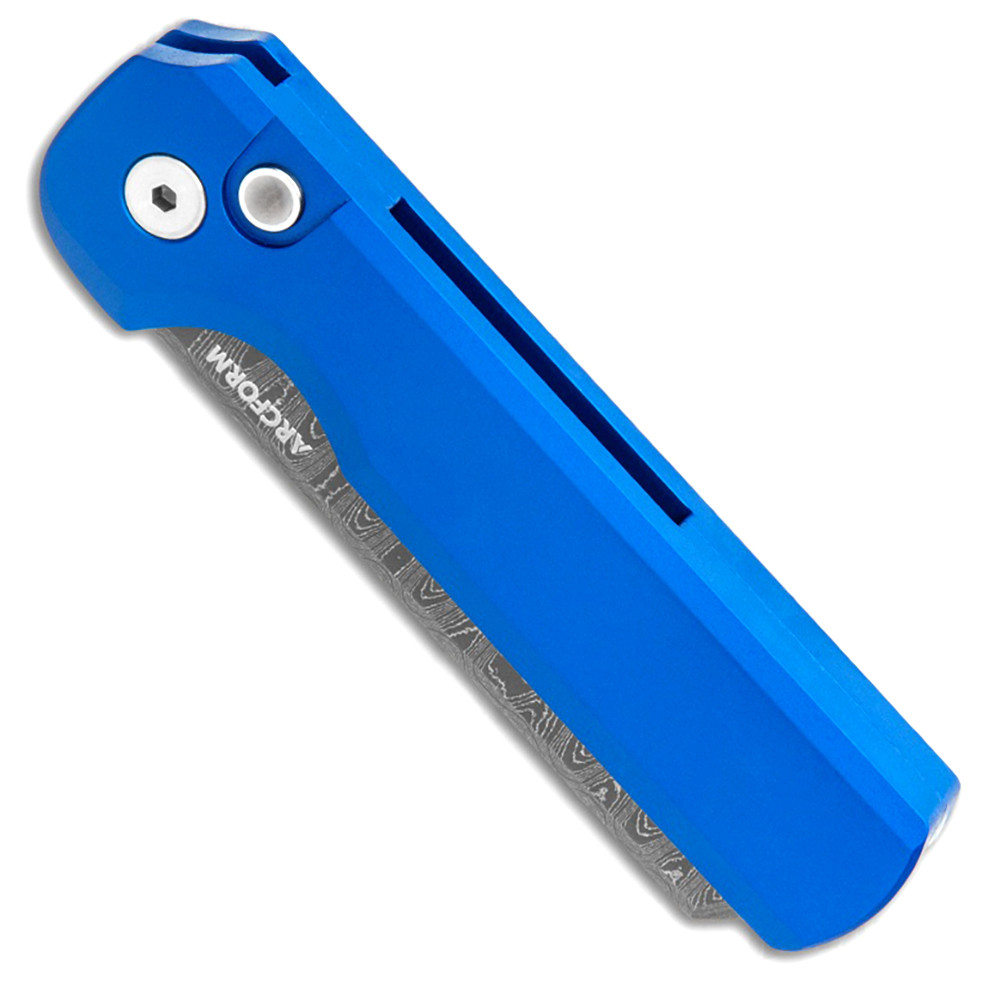Arcform Slimfoot Auto Solid Blue Handle Damascus Blade Pearl Button ...