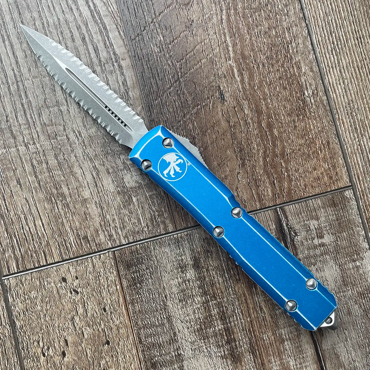Microtech Ultratech D/E Distressed Blue Apocalyptic Double Full ...