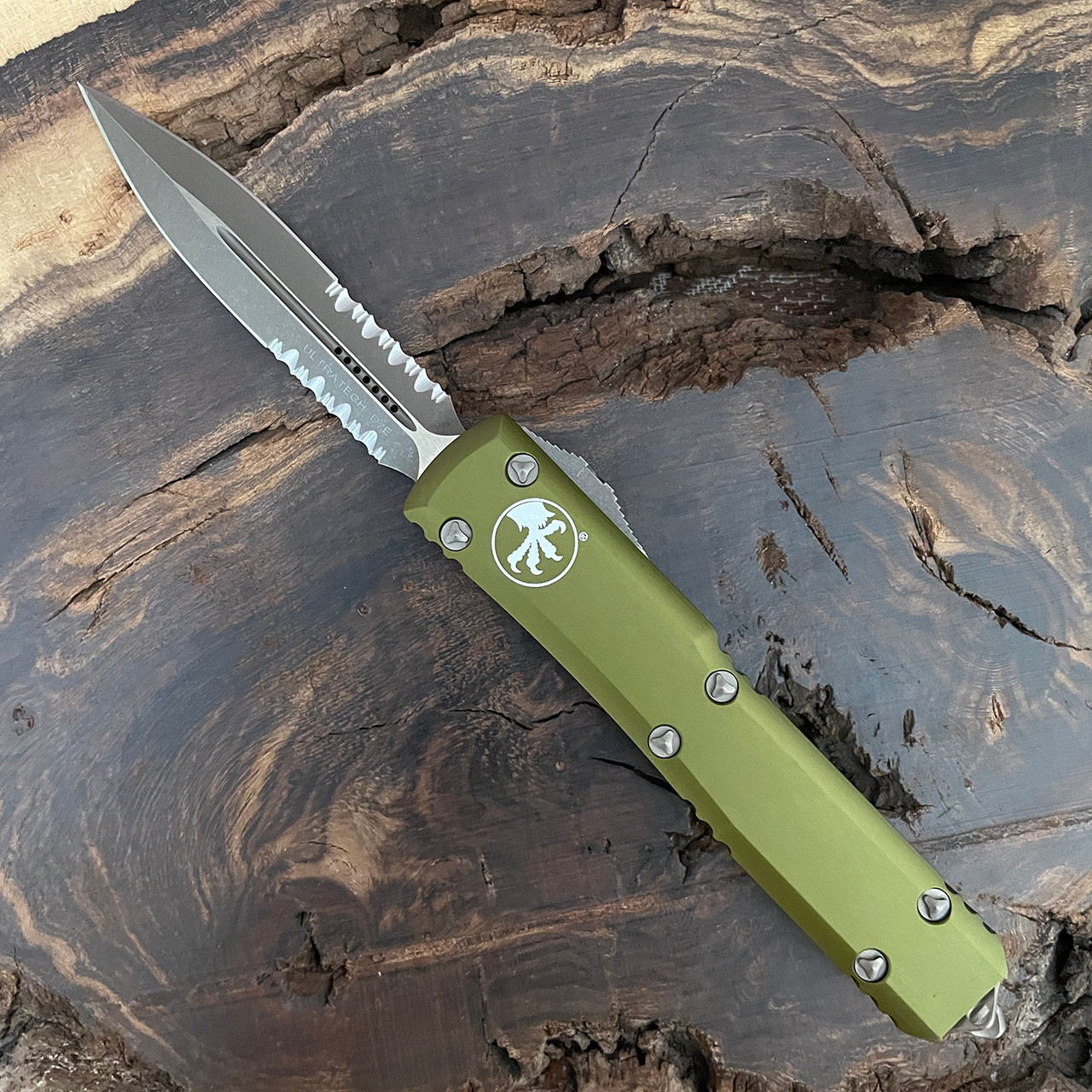 Microtech Ultratech D/E OD Green Bronzed Apocalyptic Serrated 122 ...