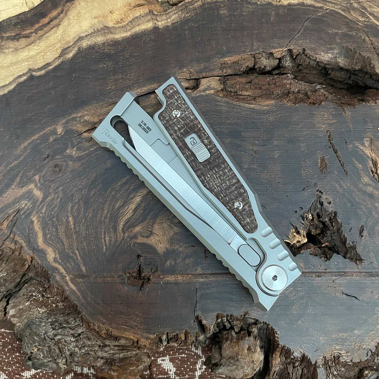 Reate EXO M S/E Gravity Knife Titanium Handle w/ Burlap Micarta Inlay ...