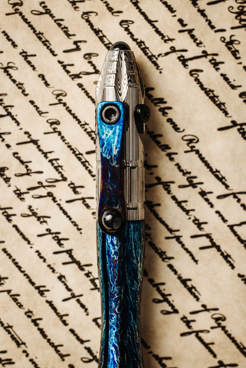 Heretic Knives Thoth Modular Bolt Action Pen Damascus Nose Tail Kozmic ...