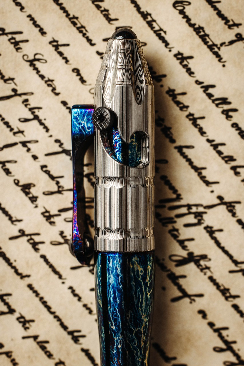 Heretic Knives Thoth Modular Bolt Action Pen Damascus Nose Tail Kozmic ...