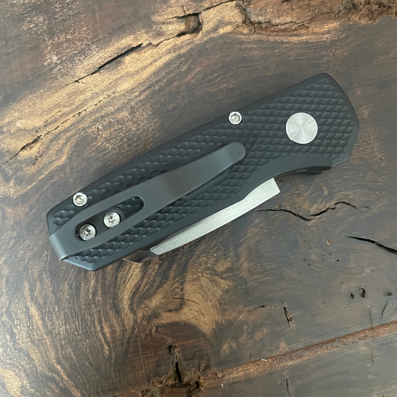Pro Tech Runt 5 Reverse Tanto Textured Black Handle Mike Irie Hand