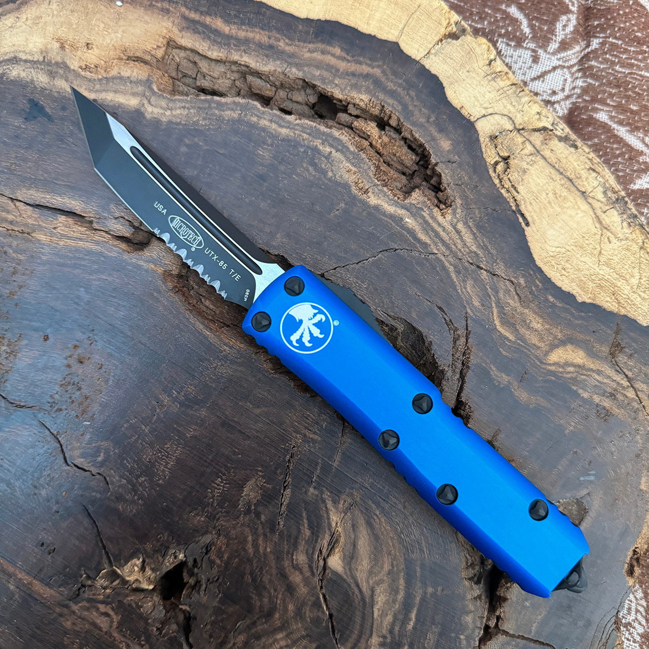 Microtech UTX-85 T/E Blue Black Serrated 233-2BL | American Edge Knives