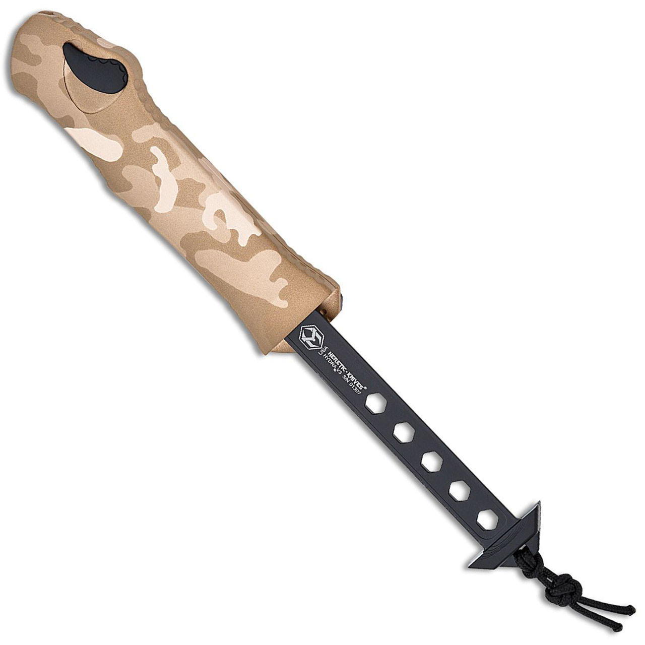 Heretic Knives Hydra Otf Auto Tan Camo Handle Two Tone Serrated Recurve