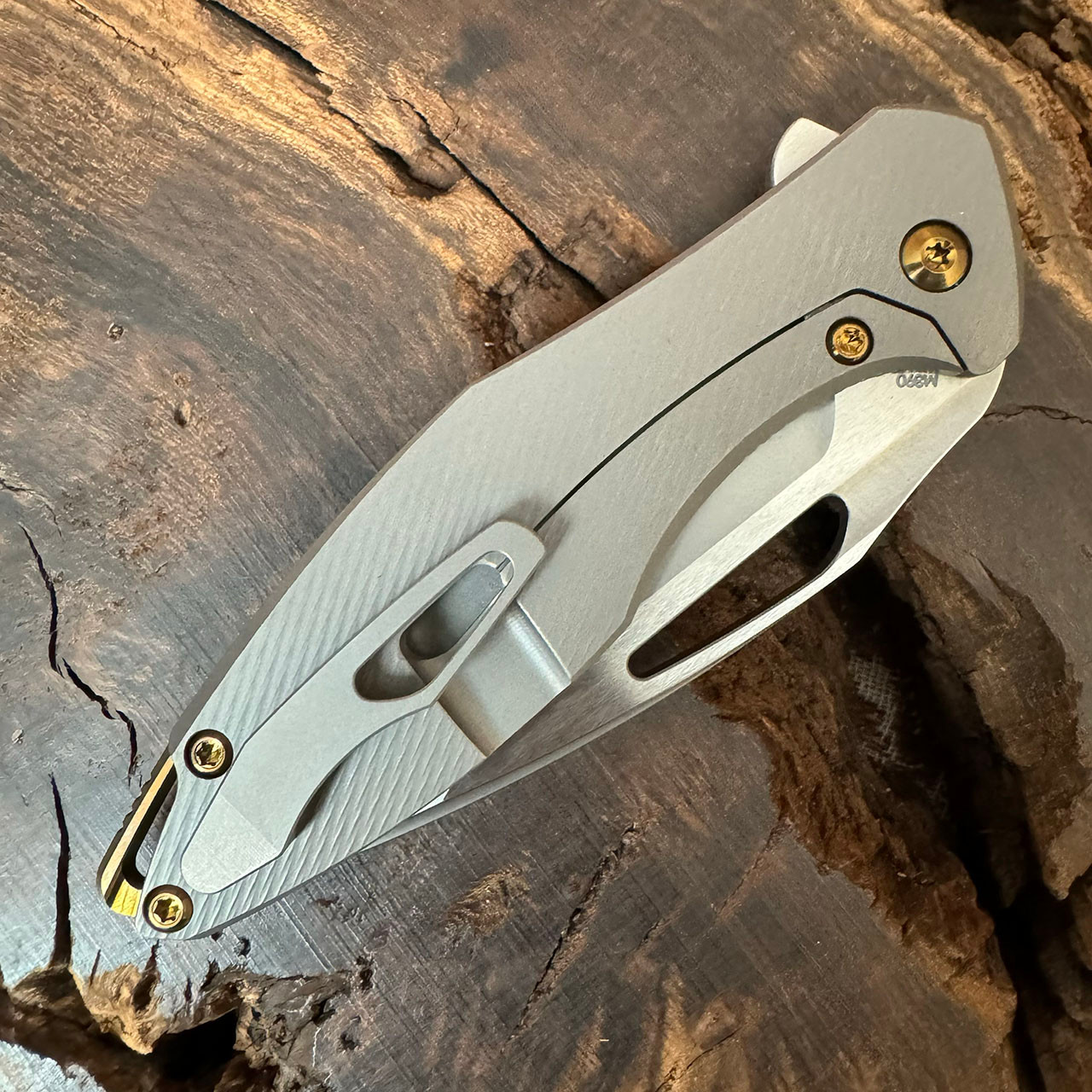 Koenig Knives Mini Arius Frame Lock Patterned Titanium Handle Burnished ...