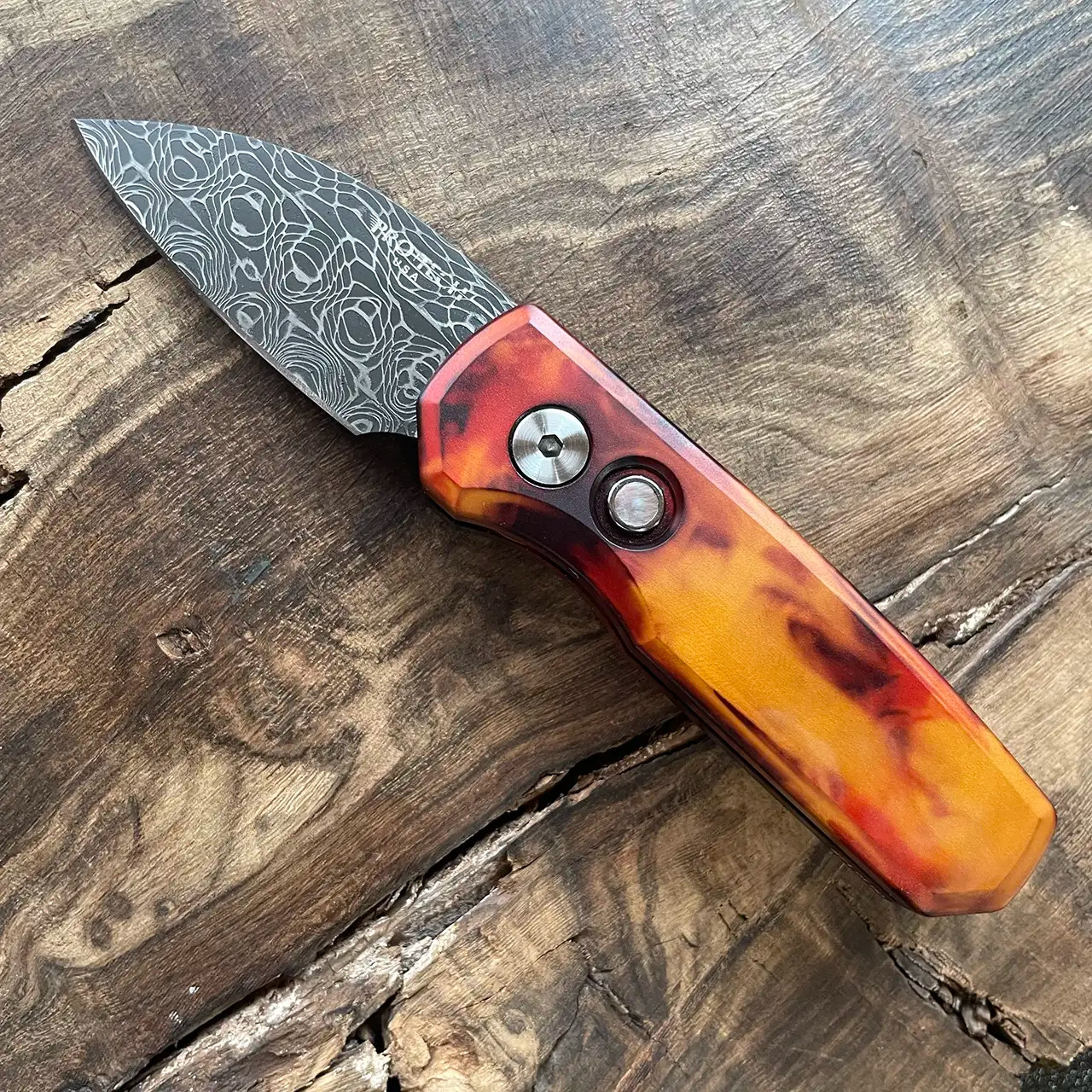 Pro-Tech Runt J4 Custom Desert Ironwood Damascus Blade Mosaic Button 4406-DIW | American Edge Knives