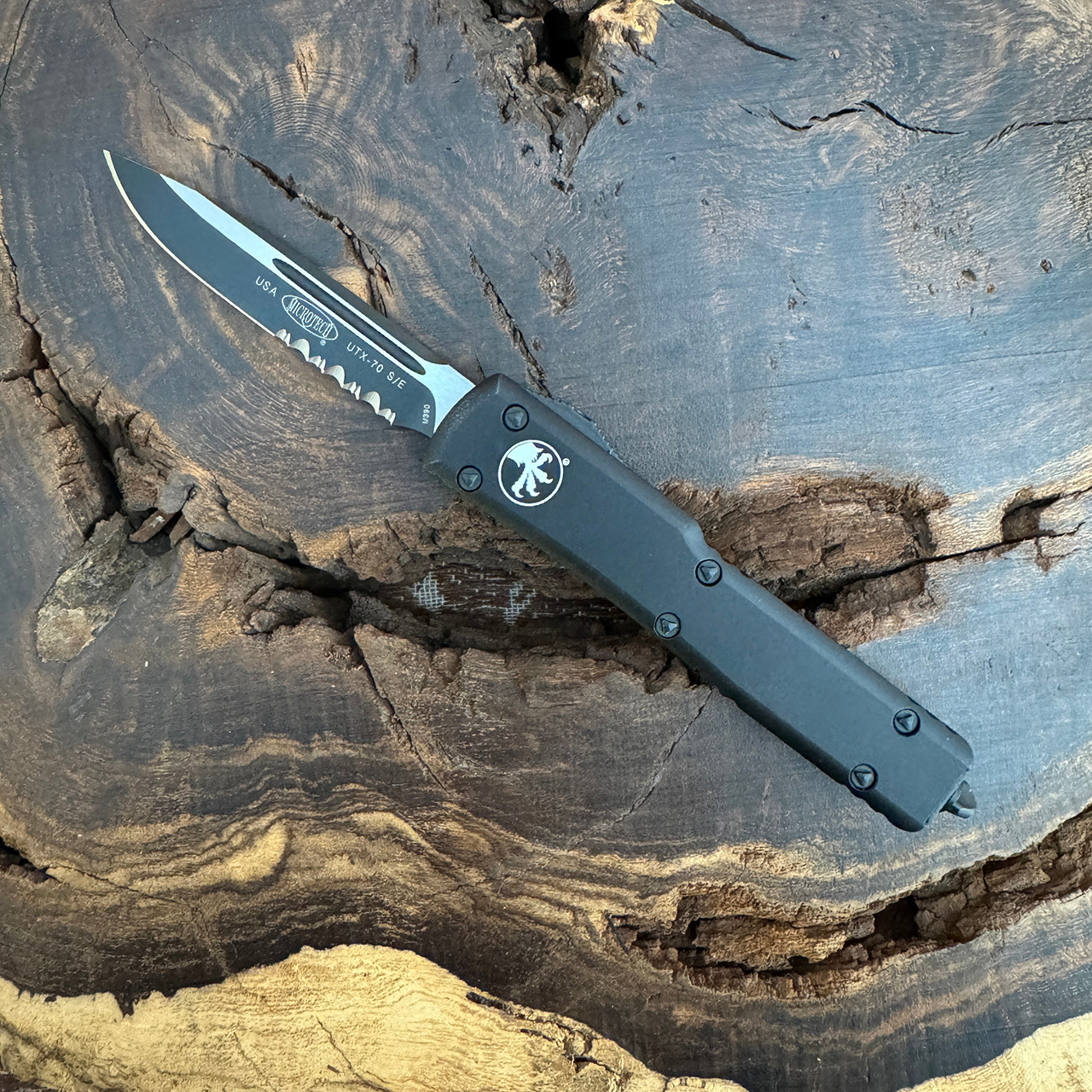 Microtech UTX-70 S/E Tactical Black Handle Black Serrated Blade 148-2T ...