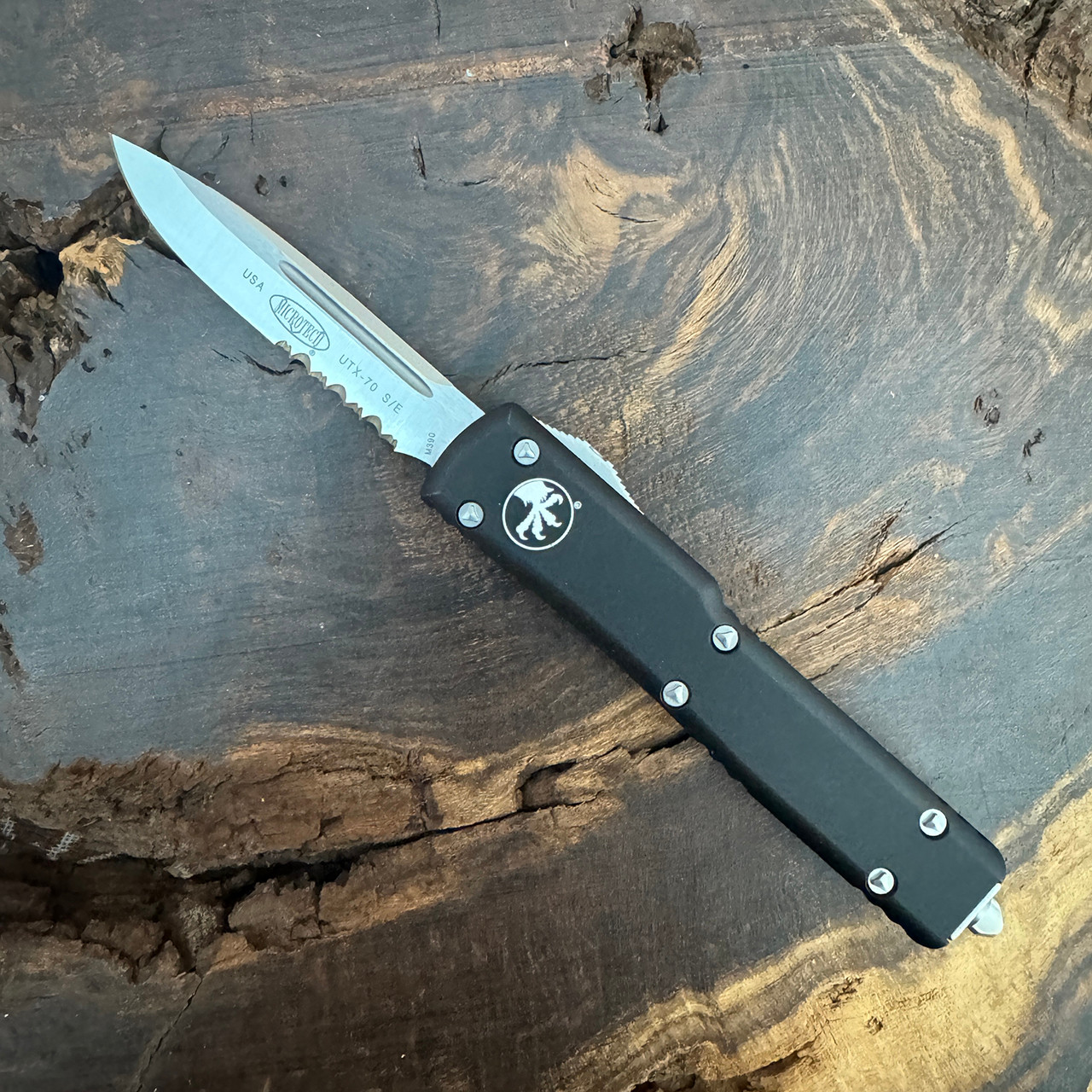 Microtech UTX-70 S/E Black Satin Serrated 148-5 | American Edge Knives