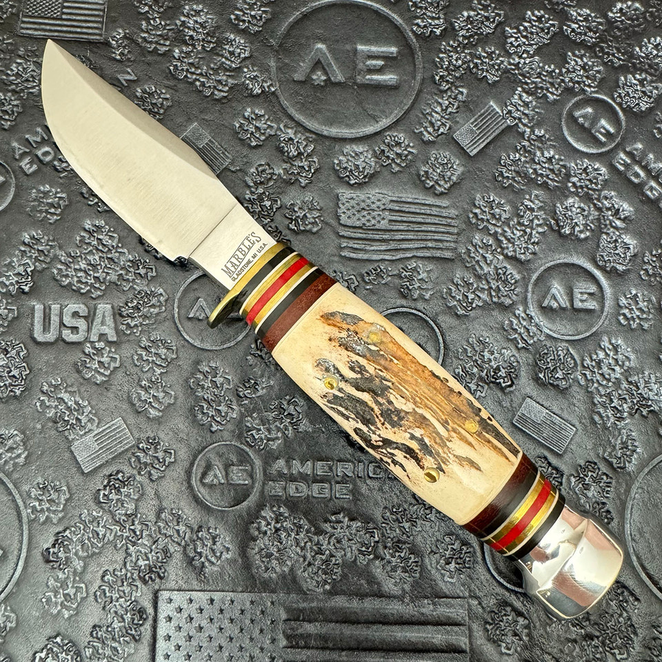 Marbles Trailcraft Fixed Blade Leather Stag Leather Handles Satin Blade ...