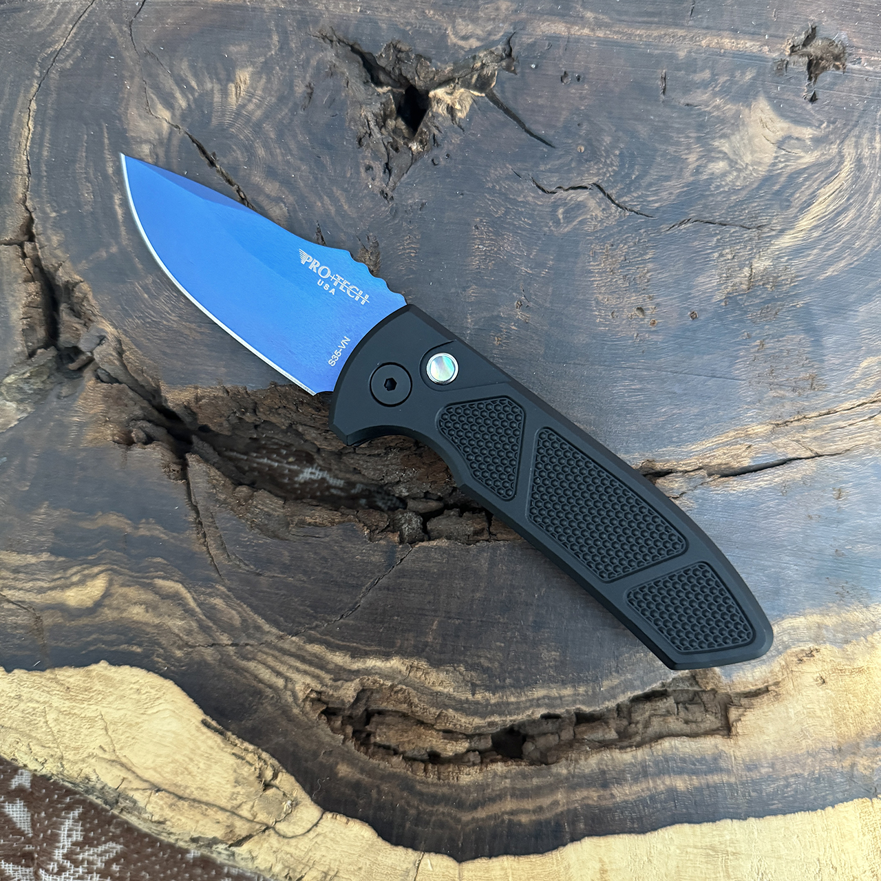 Pro-Tech Les George SBR Textured Black Handle Sapphire Blue Blade LG407-SB | American Edge Knives