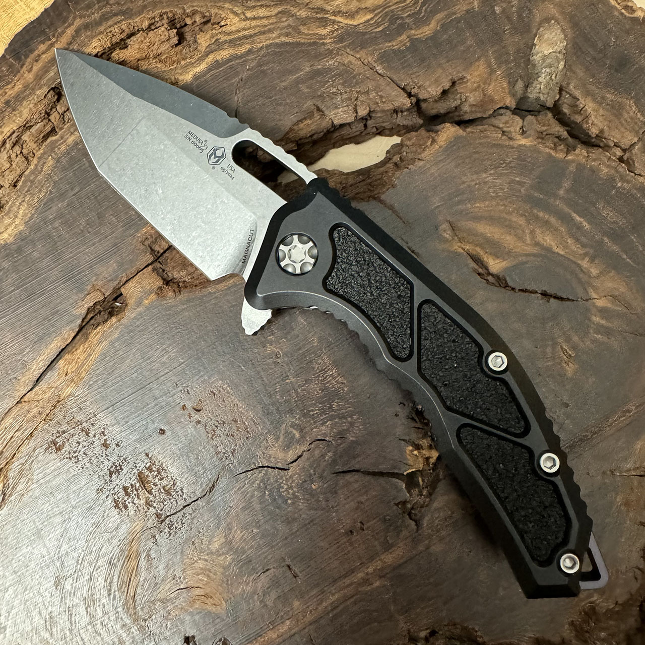 Heretic Knives Medusa Manual Tanto Black Aluminum w/ Black Grip Tape Inlays Stonewash Blade H009 ...