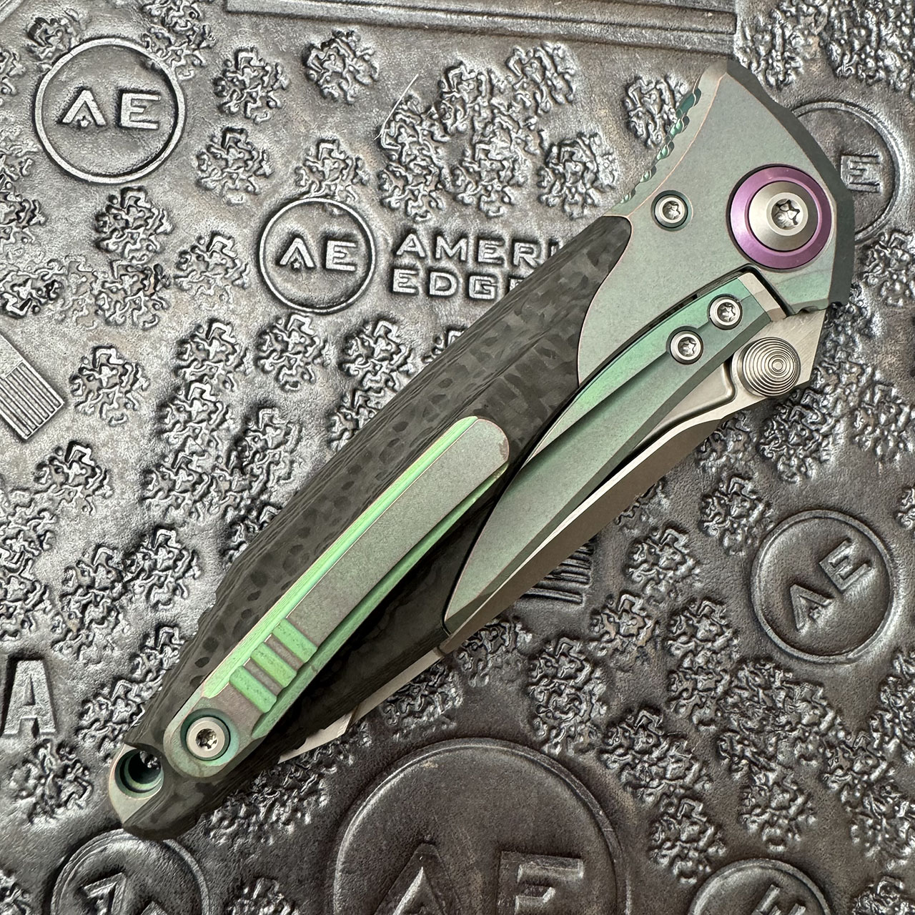 Microtech Socom Bravo T/E Antique Green/Purple Titanium Handle w/ Carbon Fiber Scales Bead Blast ...