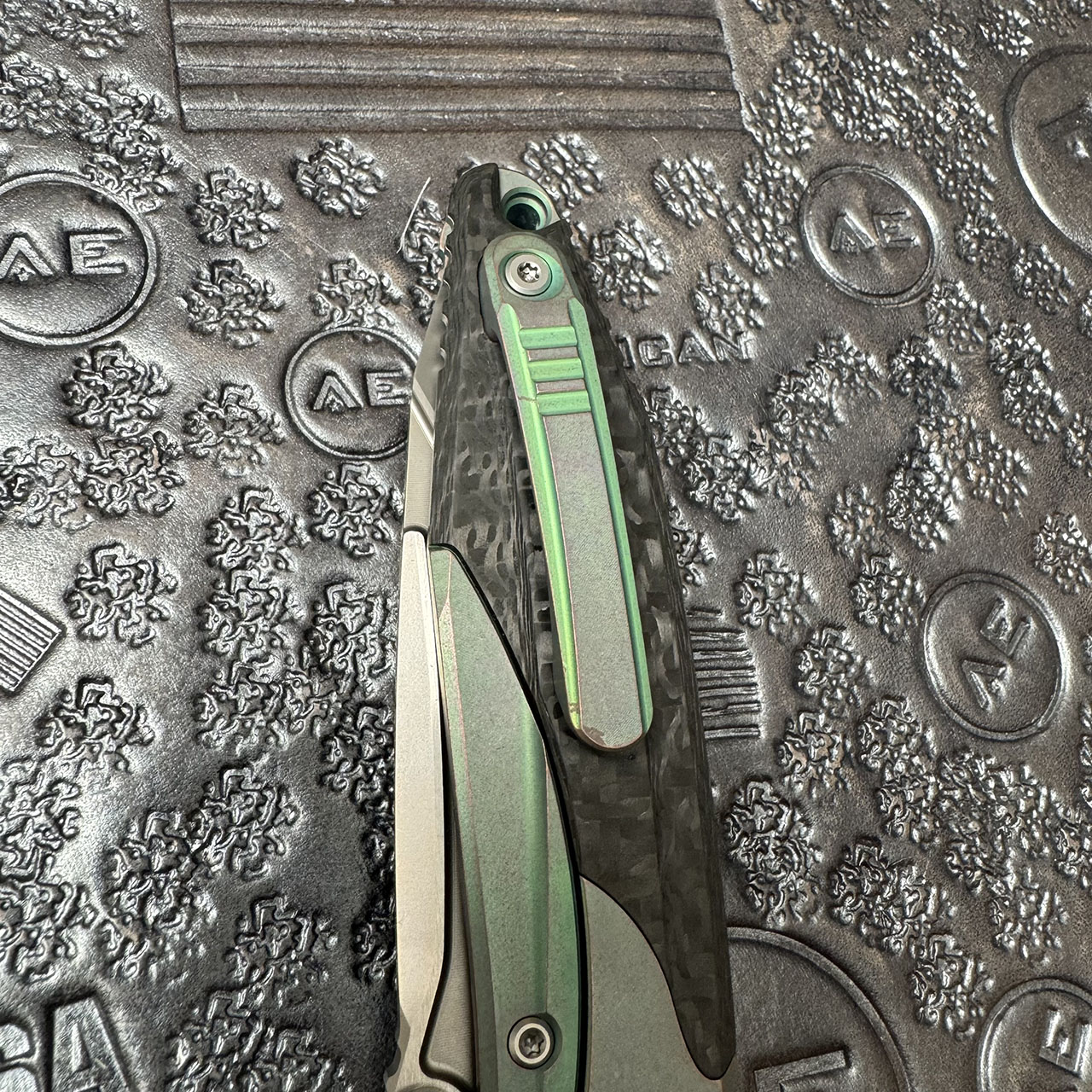 Microtech Socom Bravo T/E Antique Green/Purple Titanium Handle w/ Carbon Fiber Scales Bead Blast ...