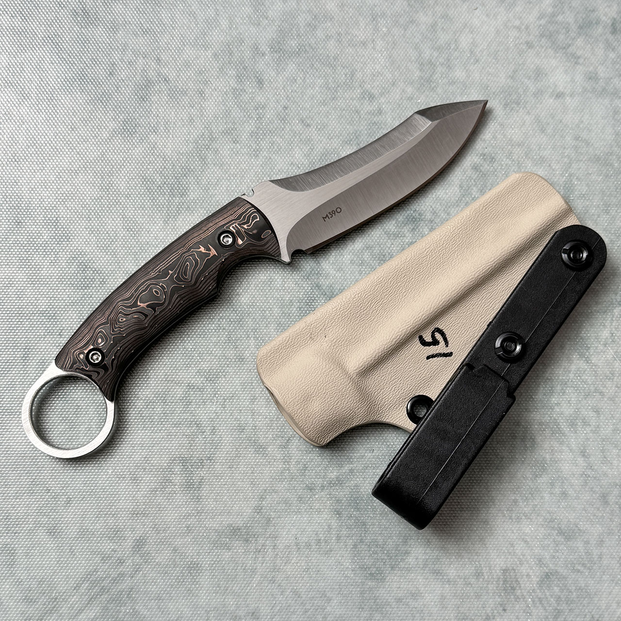 Harm Edged Tools Custom SD Ring Fixed Blade Copper Carbon Fiber Handles ...