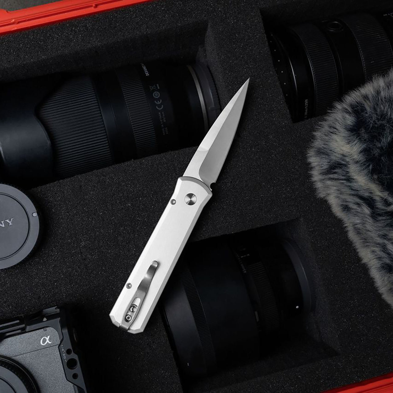 Pro-Tech Godson Solid Silver Handle w/Crosscut Carbon Fiber Inlay Satin ...