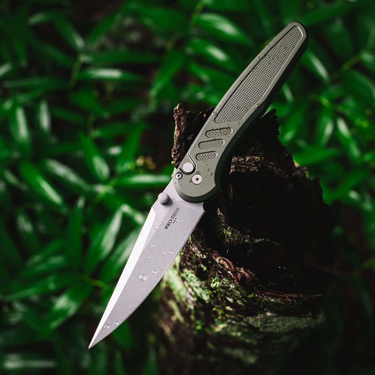 Pro-Tech Avalon Button Lock Knurled Green Handle Stonewash Blade PN1101 ...