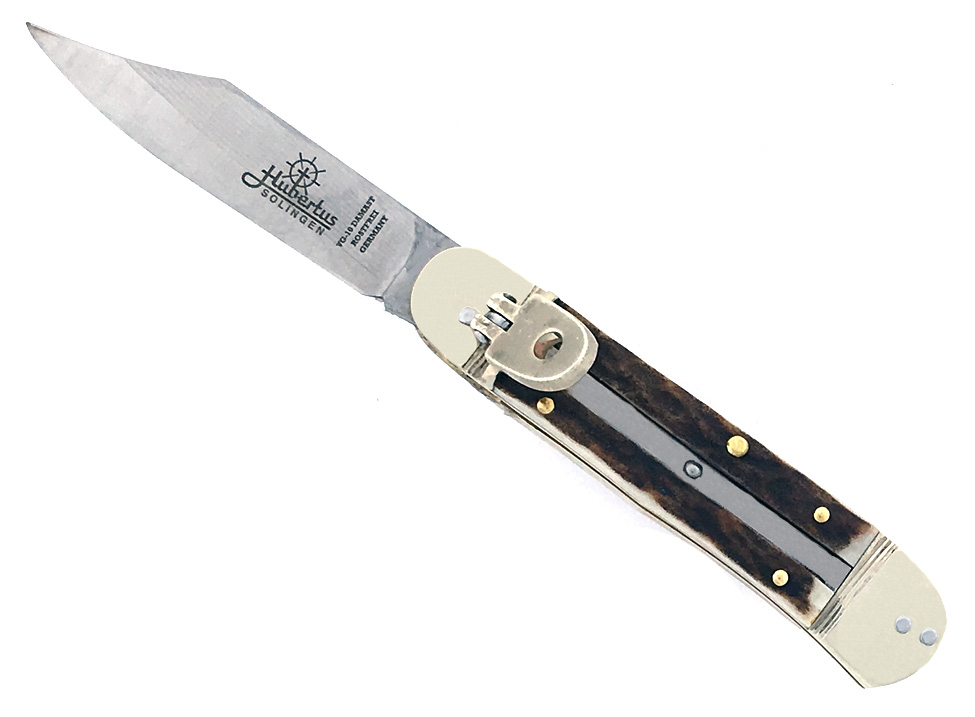 Hubertus Lily Foot Auto Stag Handle Laminated VG-10 Damascus Blade ...