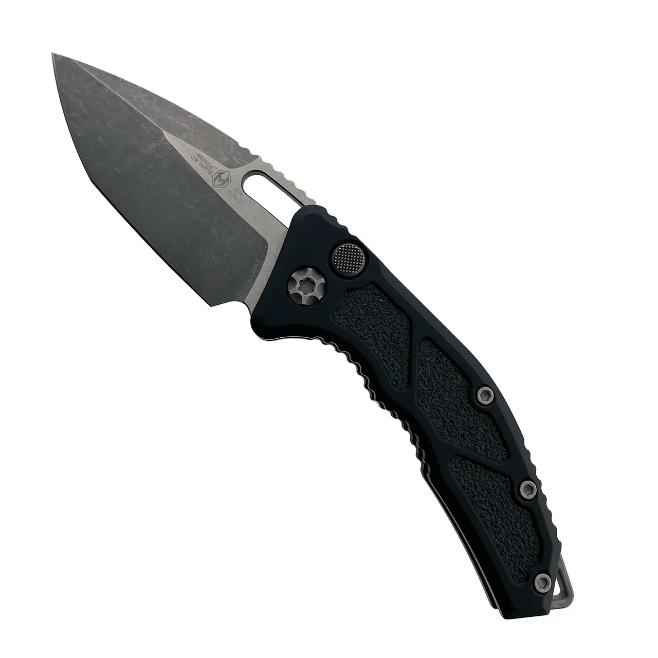 Heretic Knives Medusa Auto Tanto Black Handle Two Tone Battleworn Blade ...