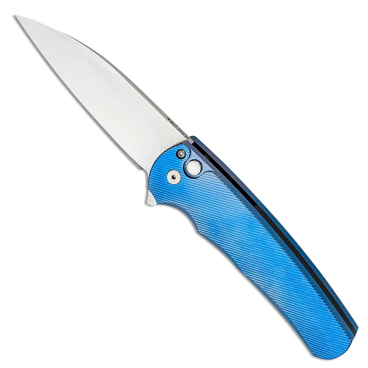 Pro-Tech Malibu Custom Button Lock Flipper Wharncliffe Blue Titanium ...