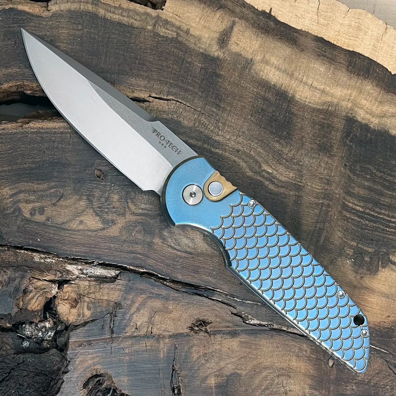 Pro-Tech TR-3.007 Custom Titanium 2022 Fish Scale Orange Peel Blue Bronze Titanium Handle Satin ...