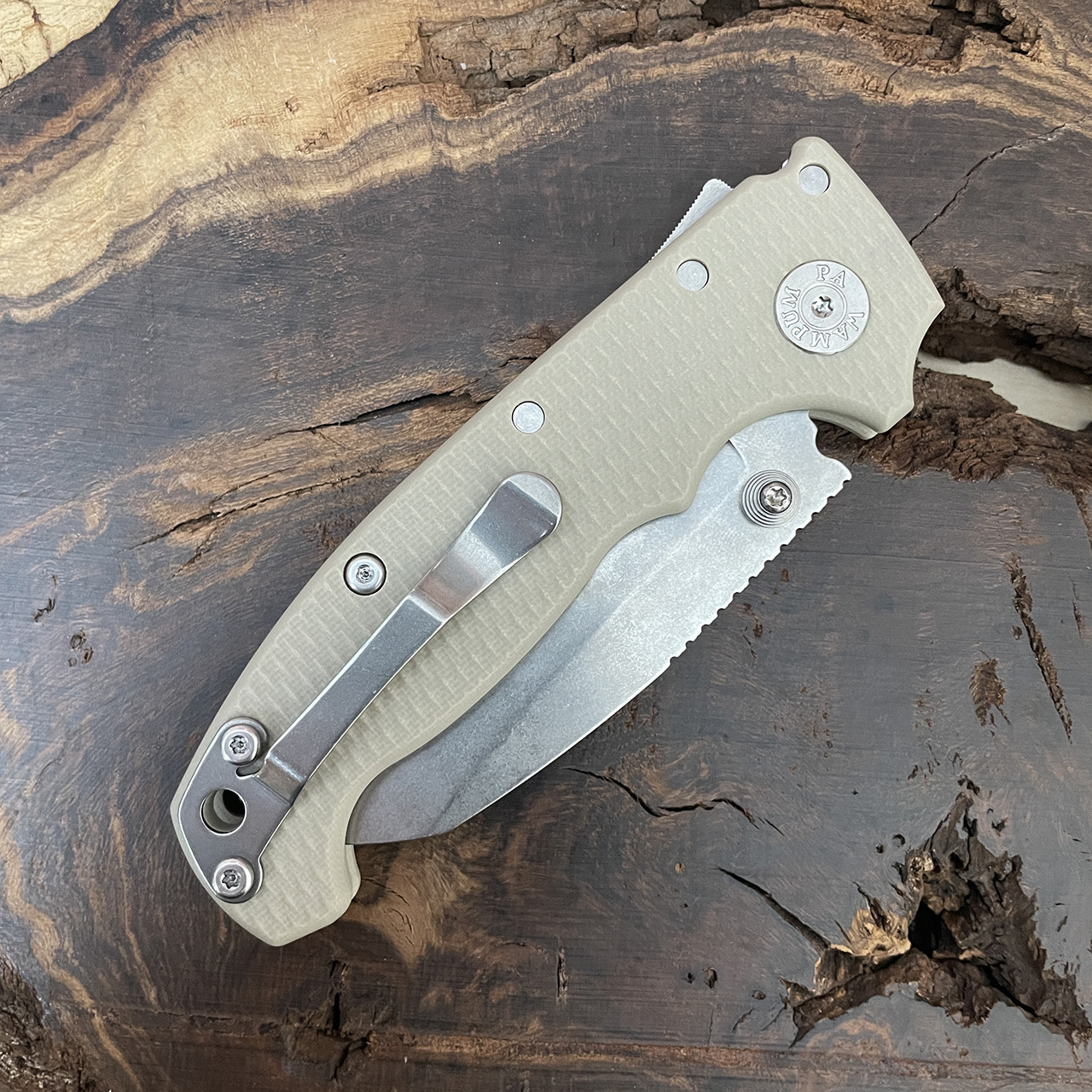 Demko MG AD20S Shark Lock Tan G10 Handle Stonewash Shark Foot ELMAX Blade | American Edge Knives