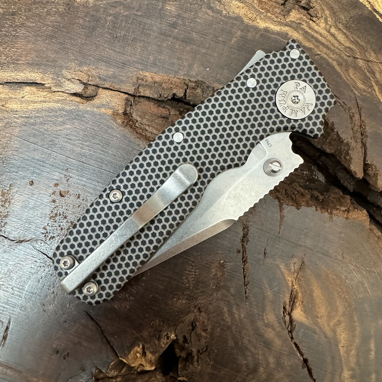 Demko AD-20.5 Shark Cub Shark Lock Hex Pattern Black Aluminum Handle Stonewash Clip Point CPM ...