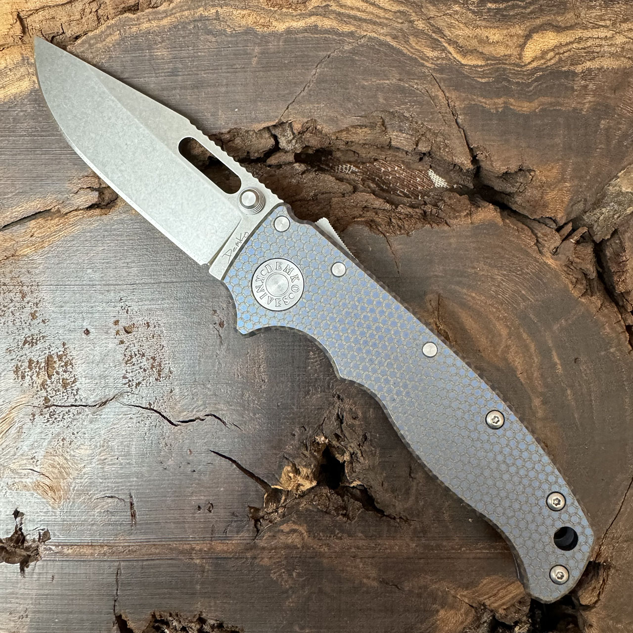 Demko AD-20.5 Shark Lock Light Blue Hex Pattern Smooth Titanium Handle Stonewash CPM-20CV Clip ...