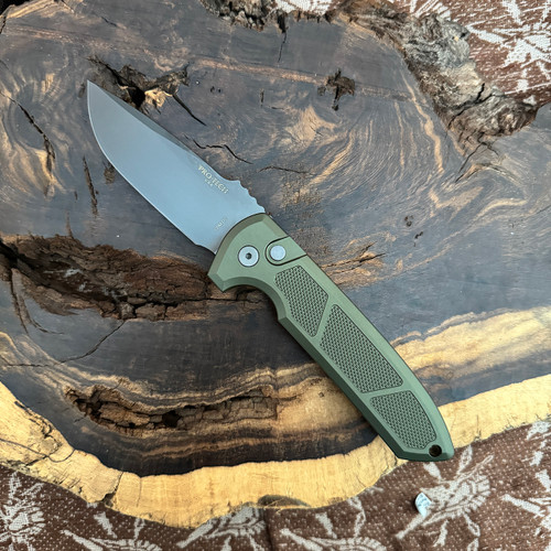 Pro Tech Les George Rockeye Auto Textured Green Handle Smoky Grey Dlc